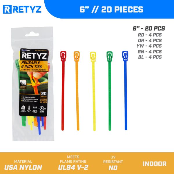RETYZ 6" Reusable Cable Ties – 20 Piece Color Pack - RETYZ™ – Fastening ...