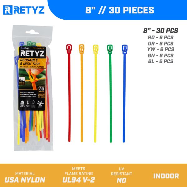 RETYZ 8" Reusable Cable Ties – 30 Piece Color Pack - RETYZ™ – Fastening ...